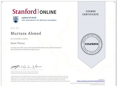 Murtaza Ahmed On Linkedin Delighted To Share That Ive Completed The Course Game Theory By