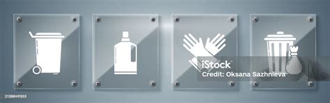 쓰레기통과 쓰레기 봉투 고무 장갑 액체 식기 세척액 및 쓰레기통용 플라스틱 병을 설정합니다 정사각형 유리 패널 벡터 가정 생활에 대한 스톡 벡터 아트 및 기타 이미지