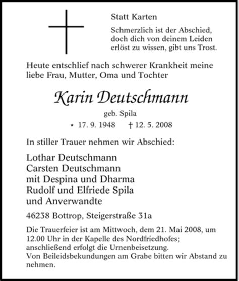 Traueranzeigen Von Karin Deutschmann Trauer In Nrwde
