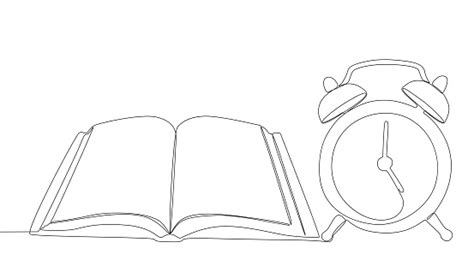 알람 시계가 있는 책의 연속 한 줄 가는 선 교육용 일러스트레이션 벡터 개념입니다 등고선 그리기 배울 시간을 위한 창의적인