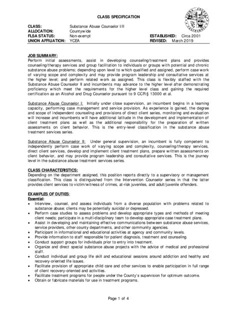 Fillable Online Class Specification Page 1 Of 4 Class Substance Abuse