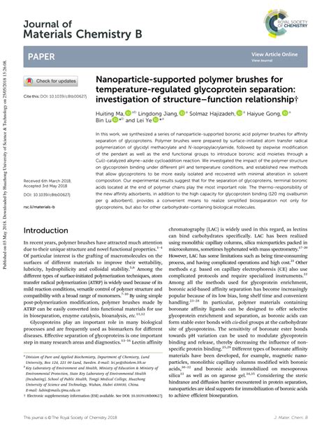 Pdf Nanoparticle Supported Polymer Brushes For Temperature Regulated Glycoprotein Separation