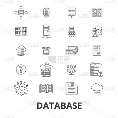 数据库，数据管理，托管，技术、 数据库、 服务器、 存储、 备份行图标。可编辑的笔画。平面设计矢量图