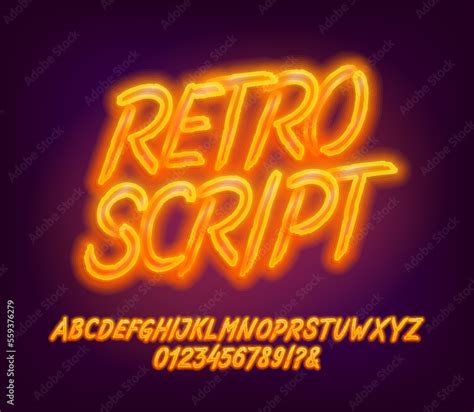 Retro Script Alphabet Font Bright Neon Letters And Numbers Stock Vector Typeface For Your