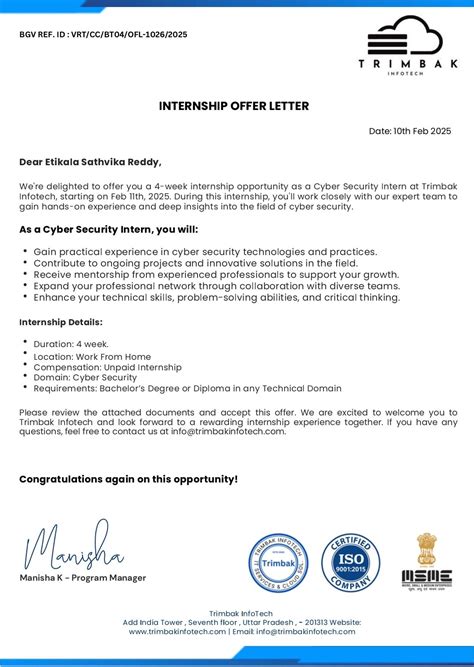 trimbakinfotech cybersecurity internship learning growth sathvika reddy