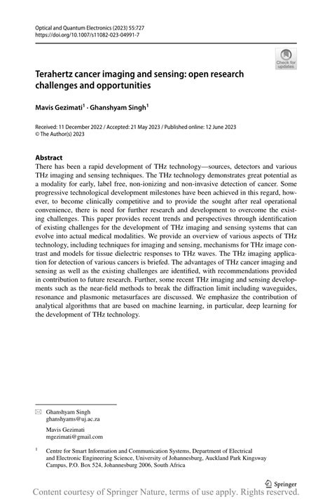 Pdf Terahertz Cancer Imaging And Sensing Open Research Challenges And Opportunities