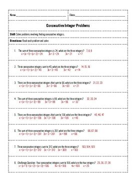 Consecutive Integers Problems By Krash Course Algebra TPT