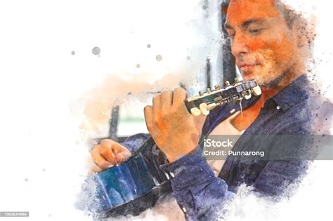 수채화 배경과 디지털 일러스트 브러시의 전경에서 추상적인 다채로운 기타를 예술로 표현합니다 30 34세에 대한 스톡 사진 및 기타 이미지 Istock