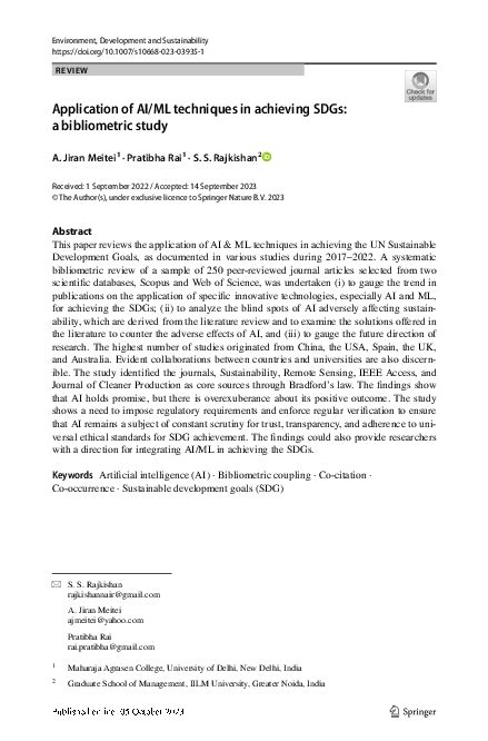 Pdf Application Of Ai Ml Techniques In Achieving Sdgs A Bibliometric