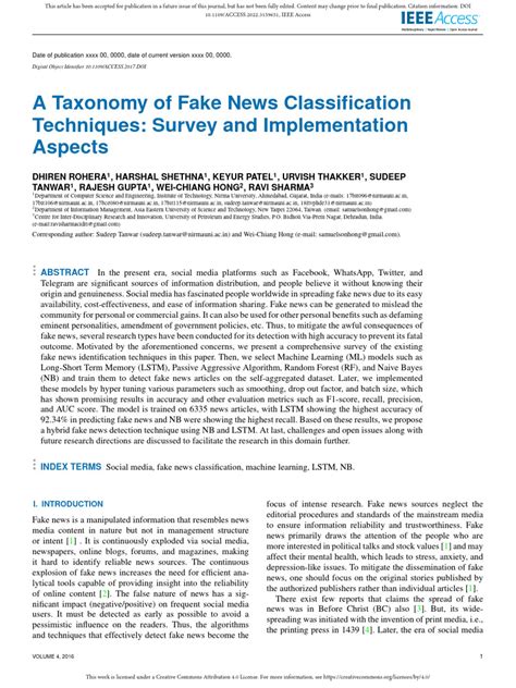 A Taxonomy Of Fake News Classification Techniques Survey And Implementation Aspects Pdf
