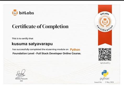 finished python course with a certificate kusuma satyavarapu posted