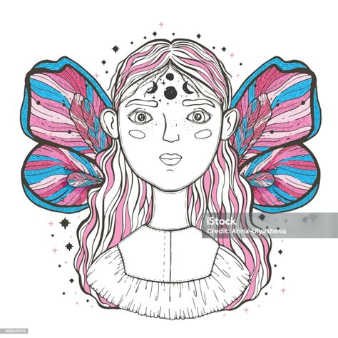 아름 다운 젊은 십 대 소녀 얼굴 전경 빈티지 스케치 드로잉의 스타일입니다 문신 T셔츠에 고립 된 인쇄에 대 한 스케치 마법 신비 민족 스타일입니다 깃털에 대한 스톡 벡터