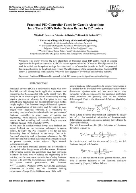 pdf fractional pid controller tuned by genetic algorithms for a three