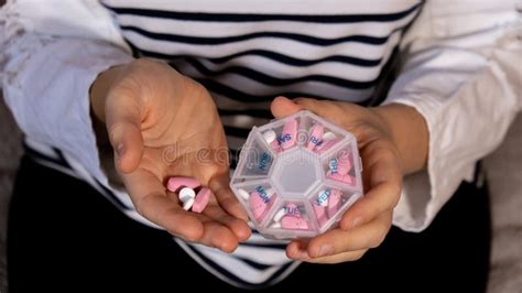 Woman Sorting Pills Organizer Weekly Shots Closeup Of Medical Pill Box