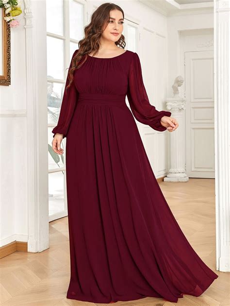 Plus Size Elegant Romantic A Line Long Sleeve Burgundy Bridesmaid Dress