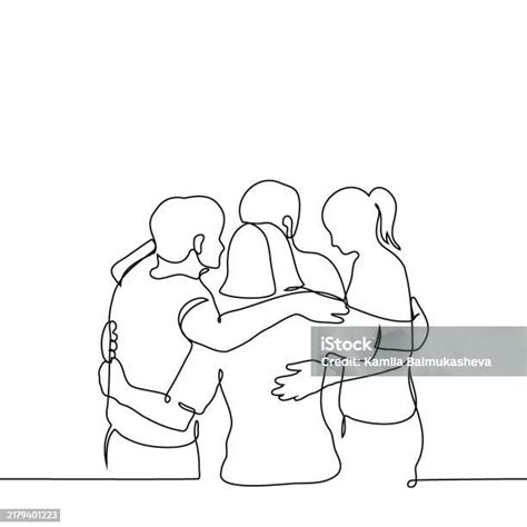 젊은이 남성 여성 서있는 긴밀한 원 포옹 하나 라인 아트 벡터 개념 팀워크 집단 친구 형제 자매 안기에 대한 스톡 벡터 아트 및 기타 이미지 Istock
