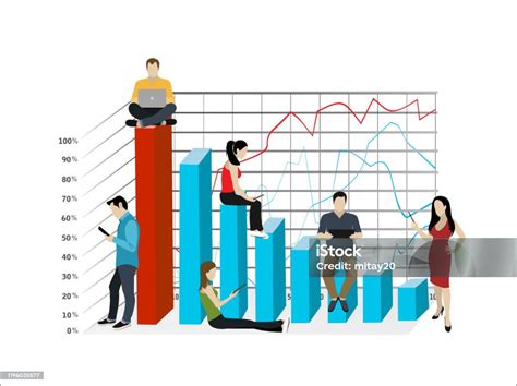 비즈니스 그래프 성장 개념 벡터 일러스트는 팀으로 일하고 성장 차트에 앉아 전문 사람들의 그림 랩톱을 사용하여 비즈니스를 개발하는 플랫 사람들 화이트 비즈니스 배경 개발에