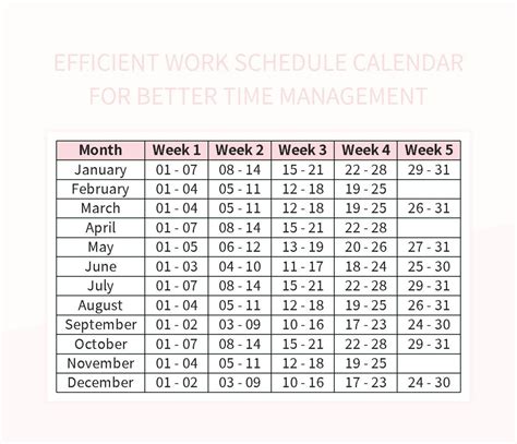Efficient Work Schedule Calendar For Better Time Management Excel