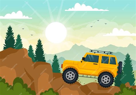 바위가 많은 지형과 손으로 그린 모래를 통과하는 지프 자동차 또는 Suv가 있는 오프로드 일러스트레이션 프리미엄 벡터