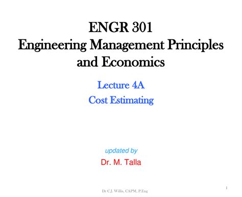 Lecture 4a Cost Estimating Techniques Engr 301 Engineering Management