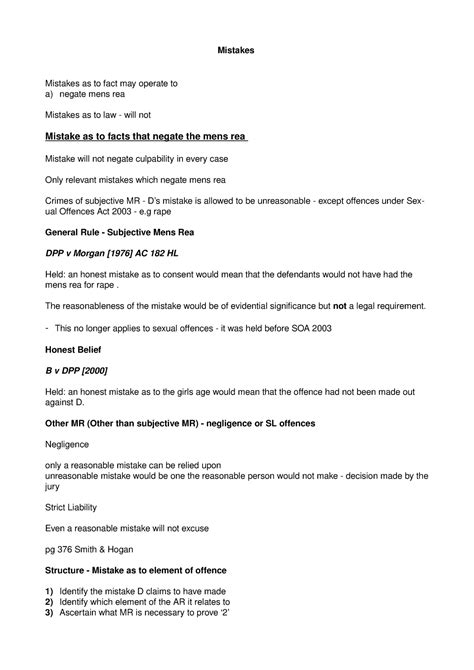 defences 5 mistake lecture notes 5 mistakes mistakes as to fact