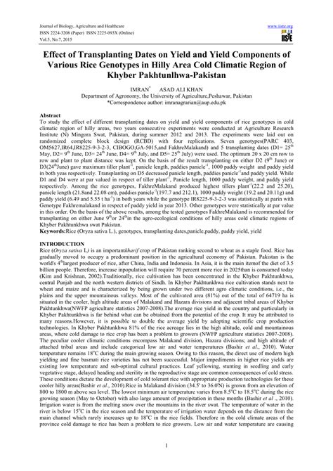 Pdf Effect Of Transplanting Dates On Yield And Yield Components Of Various Rice Genotypes In