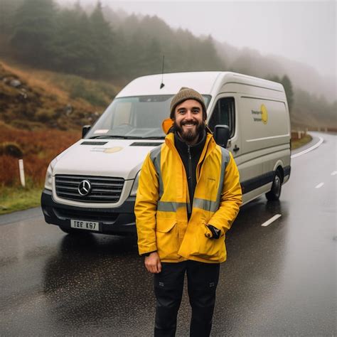Premium Ai Image A Man In A Yellow Jacket Stands In Front Of A White Van