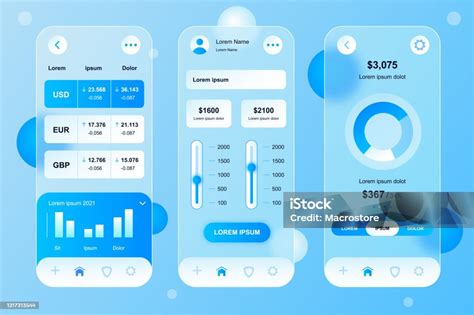 모바일 앱용 호형성 요소 키트를 금융합니다 온라인 뱅킹 통화 통계 그래프 계좌의 돈 Ui Ux Gui 화면 세트 유리 형태 디자인의 템플릿의 벡터 그림 Brand Name