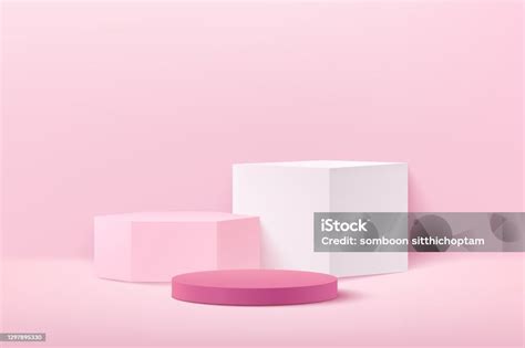 추상 큐브 육각형 과 현대 웹 사이트에 제품에 대한 둥근 디스플레이 포디움과 최소한의 핑크 텍스처 벽 장면 3d 렌더링 기하학적