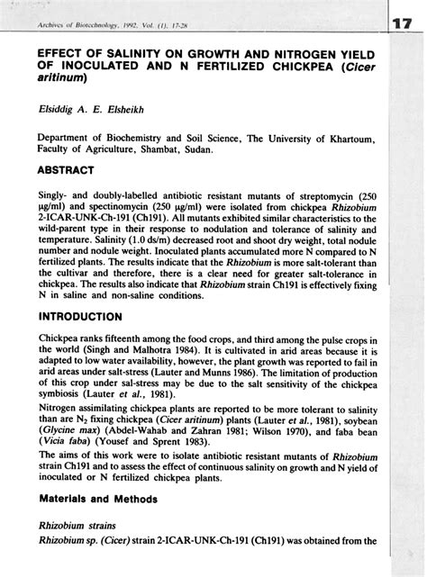 Pdf Effect Of Salinity On Growth And Nitrogen Yield Of Inoculated And
