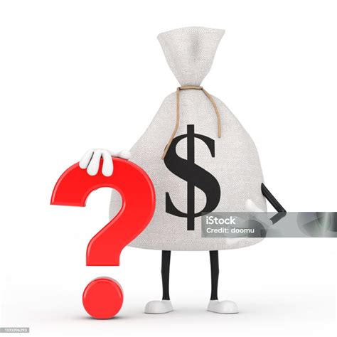 빨간 물음표 기호와 함께 소박한 캔버스 리넨 돈 자루 또는 머니 백과 달러 사인 사람 캐릭터 마스코트 묶습니다 3d 렌더링 0명에 대한 스톡 사진 및 기타 이미지 Istock