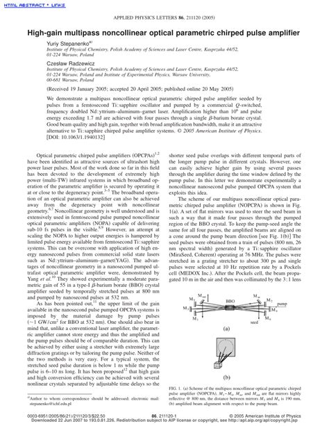 Pdf High Gain Multipass Noncollinear Optical Parametric Chirped Pulse Amplifier