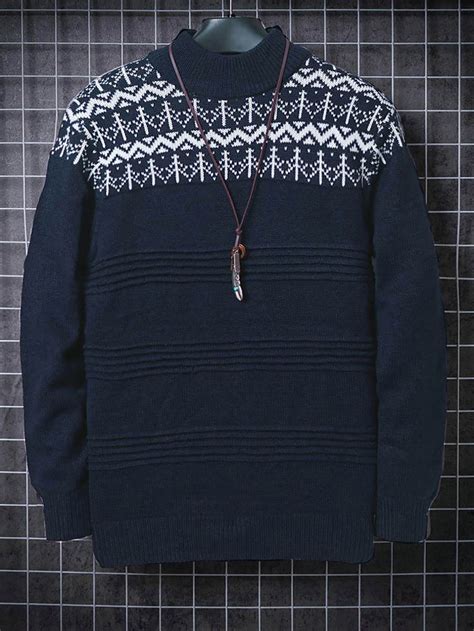 Men Chevron Pattern Turtle Neck Drop Shoulder Sweater Mens Fashion