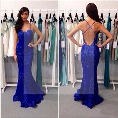 Royal Blue Lace Mermaid Prom Dresses Sexy Backless Spaghetti Prom Dre