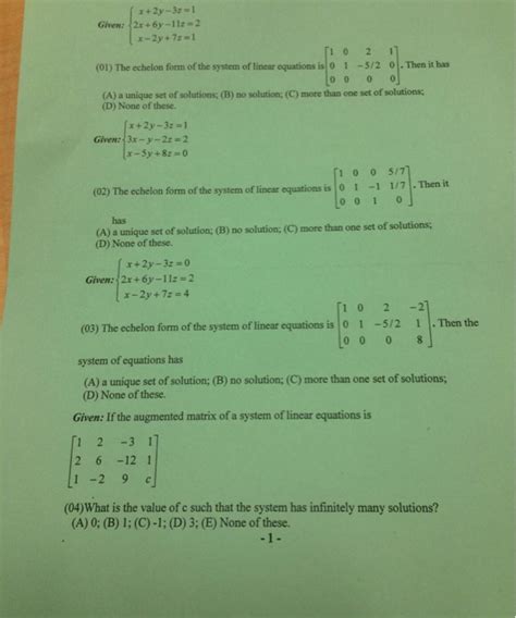 solved the echelon form of the system of linear equations is