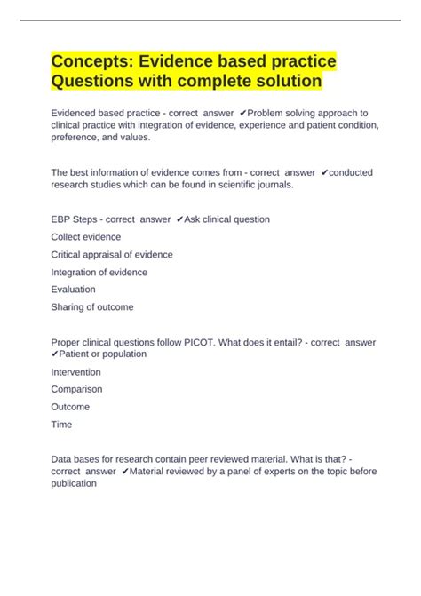 Concepts Evidence Based Practice Questions With Complete Solution Evidence Based Practice
