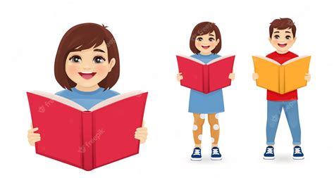 행복 한 귀여운 아이 소년과 소녀 책을 들고 책을 읽고 고립 된 벡터 일러스트 레이 션 프리미엄 벡터