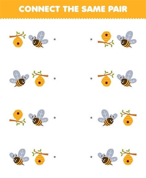 어린이를 위한 교육 게임은 귀여운 만화 꿀벌과 벌집 쌍 인쇄 가능한 농장 워크시트의 동일한 그림을 연결합니다 프리미엄 벡터