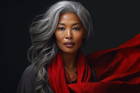 Premium Ai Image Year Asian Woman With Long Gray Hair On Black Background Beauty Concept