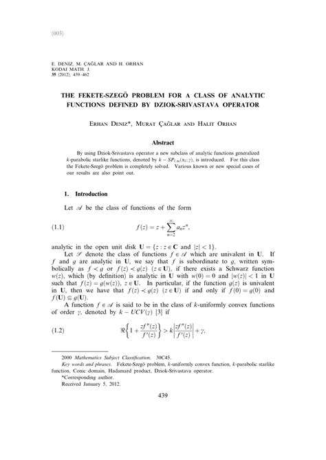 Pdf The Fekete Szegö Problem For A Class Of Analytic Functions