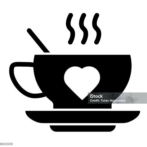 뜨거운 음료 컵과 하트 솔리드 아이콘입니다 접시 기호에 사랑 모양이 있는 머그잔 흰색 배경에 글리프 스타일의 픽토그램 커피 또는