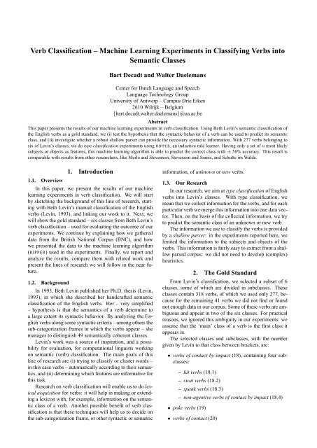 Verb Classification â Machine Learning Experiments In Clips