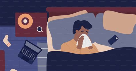 비염 독감 감기 계절성 질병 문제 벡터 일러스트 레이 션을 가진 아픈 남자 환자 가정 침실에서 담요 아래에 몸이 좋지 않은 온도 인플루엔자를 가진 만화 남자