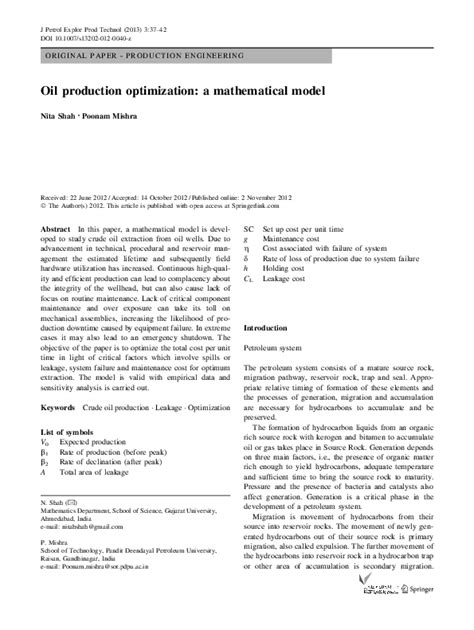 Pdf Oil Production Optimization A Mathematical Model