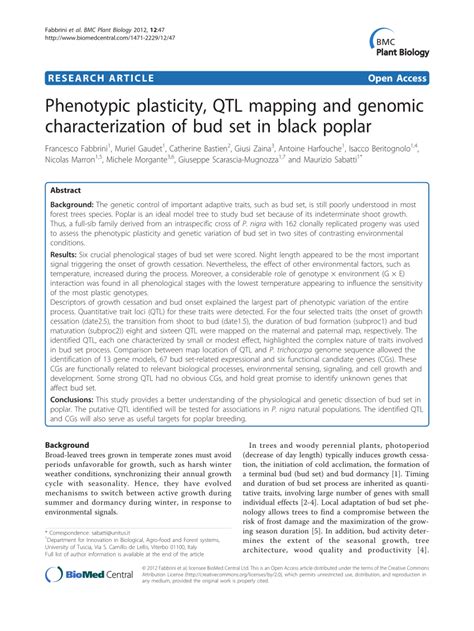 Pdf Phenotypic Plasticity Qtl Mapping And Genomic Characterization Of Bud Set In Black Poplar