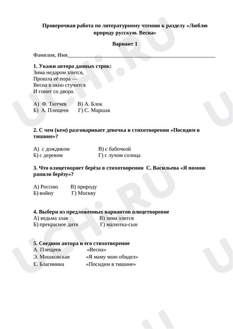 🖍 Проверочная работа №2 по теме “Проверочная работа по литературному чтению к разделу «Люблю