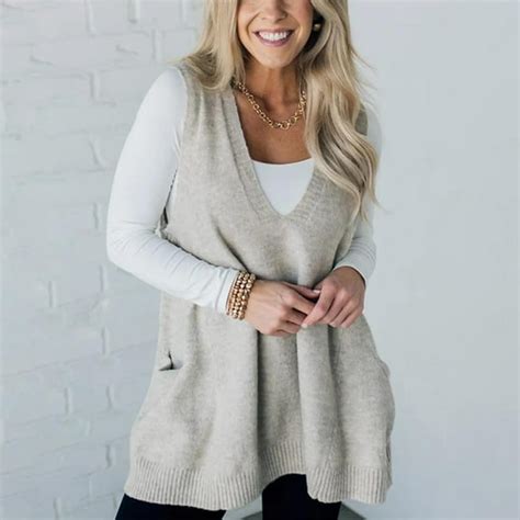 Kaondbfi Womens Outerwear Vests Cozy Pocket Sweater Vest Women Womens Sleeveless Sweater Vest