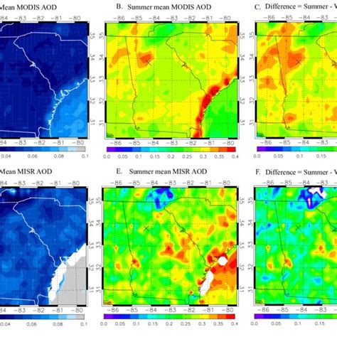 maps of satellite aod a winter mean aod for modis terra b summer