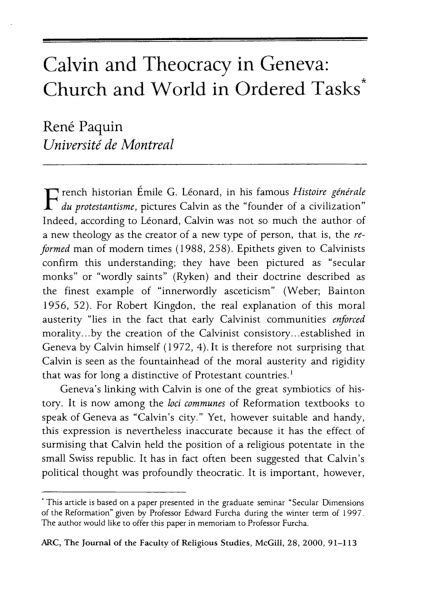 pdf calvin and theocracy in geneva church and world in ordered tasks