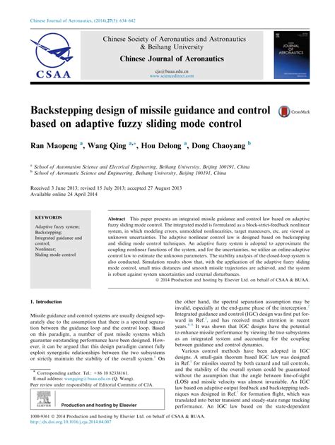 Pdf Backstepping Design Of Missile Guidance And Control Based On